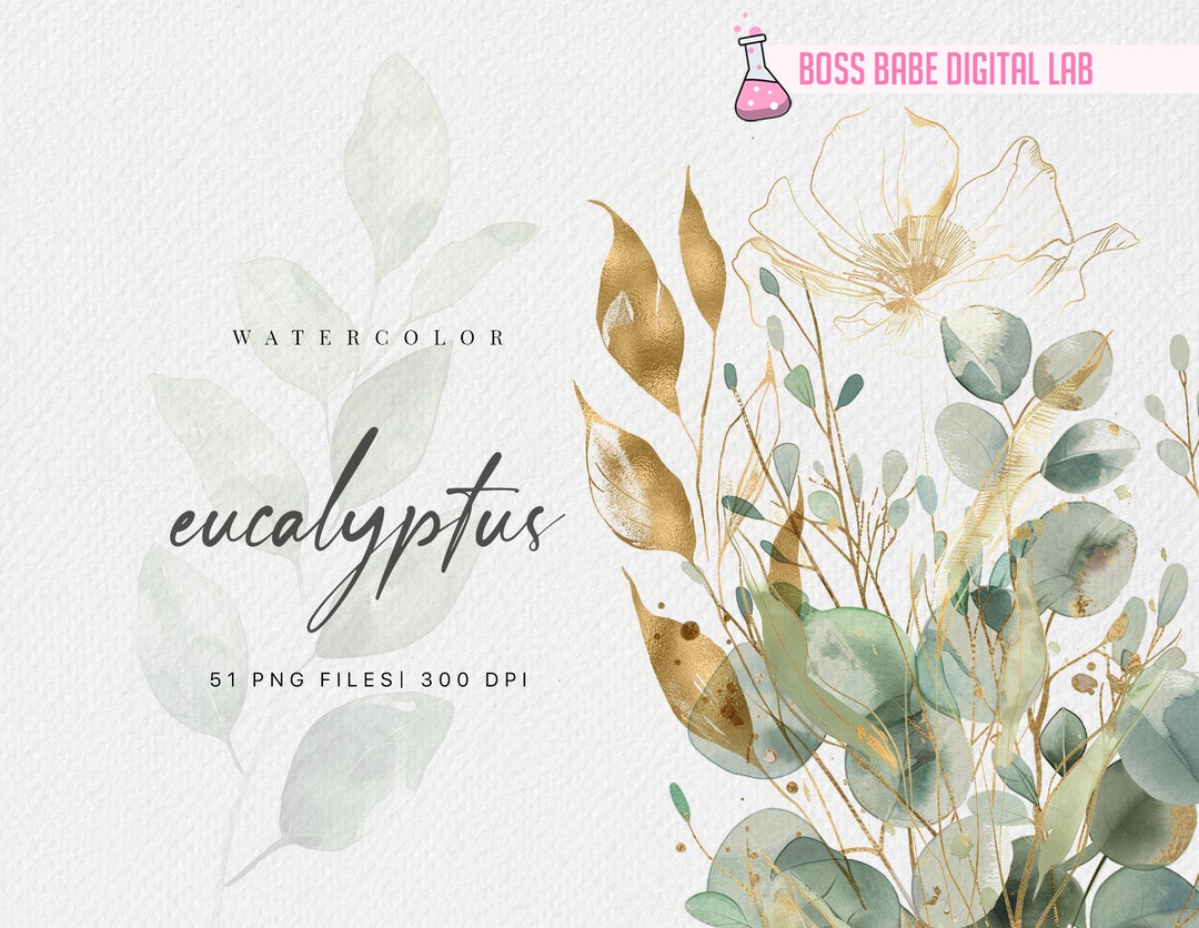 Watercolor Eucalyptus Clipart, Gold Foliage, Greenery Clipart ...