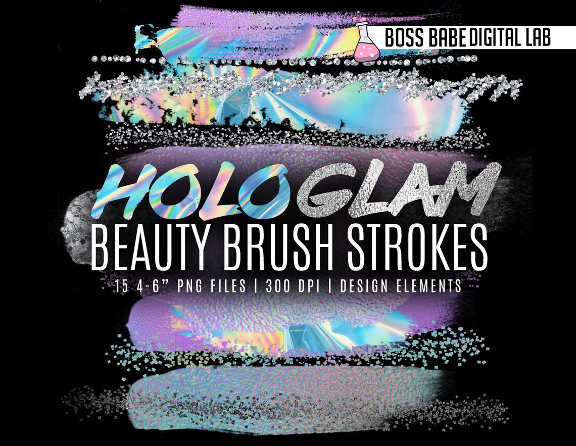 Hologlam Beauty Brush Strokes, Glam Glitter Clipart, Hologram Brush ...