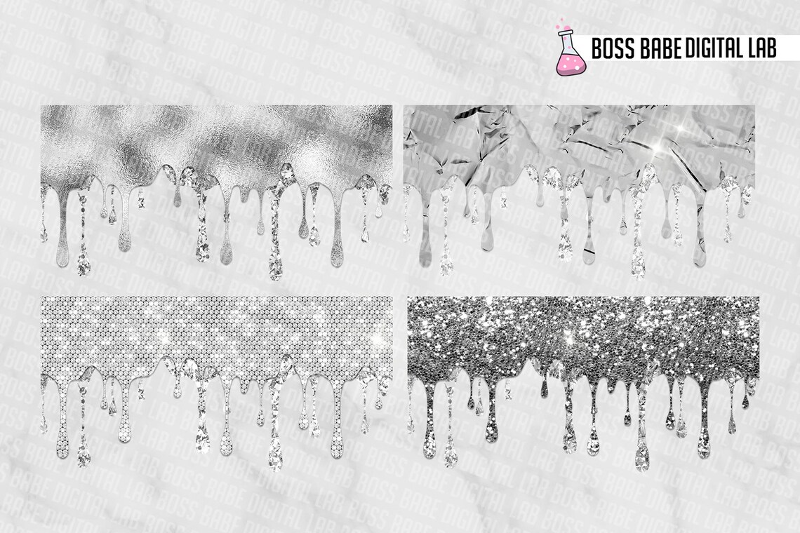 Glam Silver and Diamond Drips Clipart, Glitter Silver Drips Borders ...