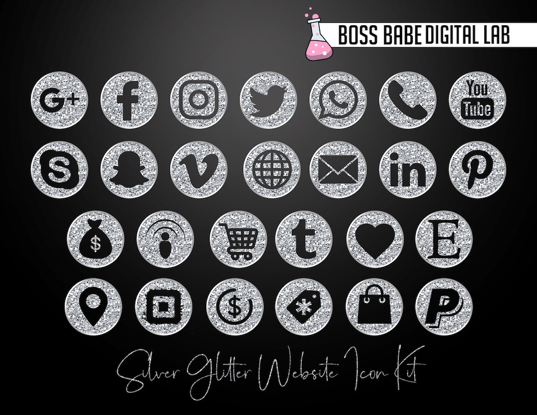 Silver Glitter Website Icon Kit, Silver Social Media Icons, Silver ...