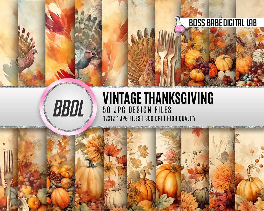 50 Thanksgiving Digital Paper, Download 12x12 Junk Journal, Card Making ...