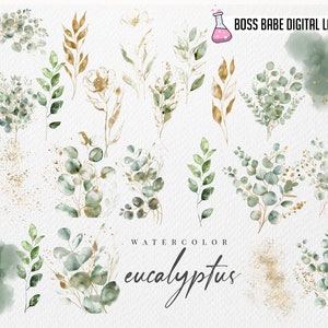 Watercolor Eucalyptus Clipart, Gold Foliage, Greenery Clipart ...