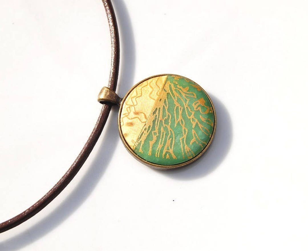 Round Pendant Necklace, Jade Green Gold, Cabochon Handmade Polymer Clay ...