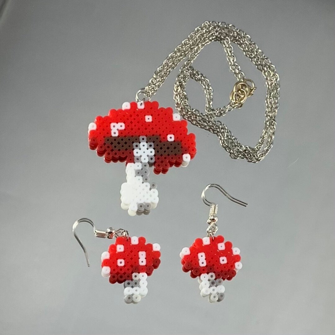 Mini Fuse Bead Mushroom Earring and Necklace Set - Etsy