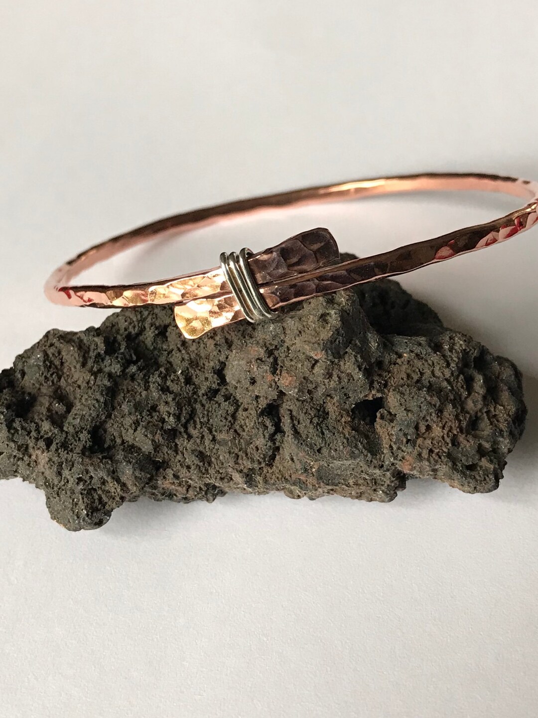 Skinny Copper Bangle With Sterling Silver Knot Hammered Copper Bangle ...