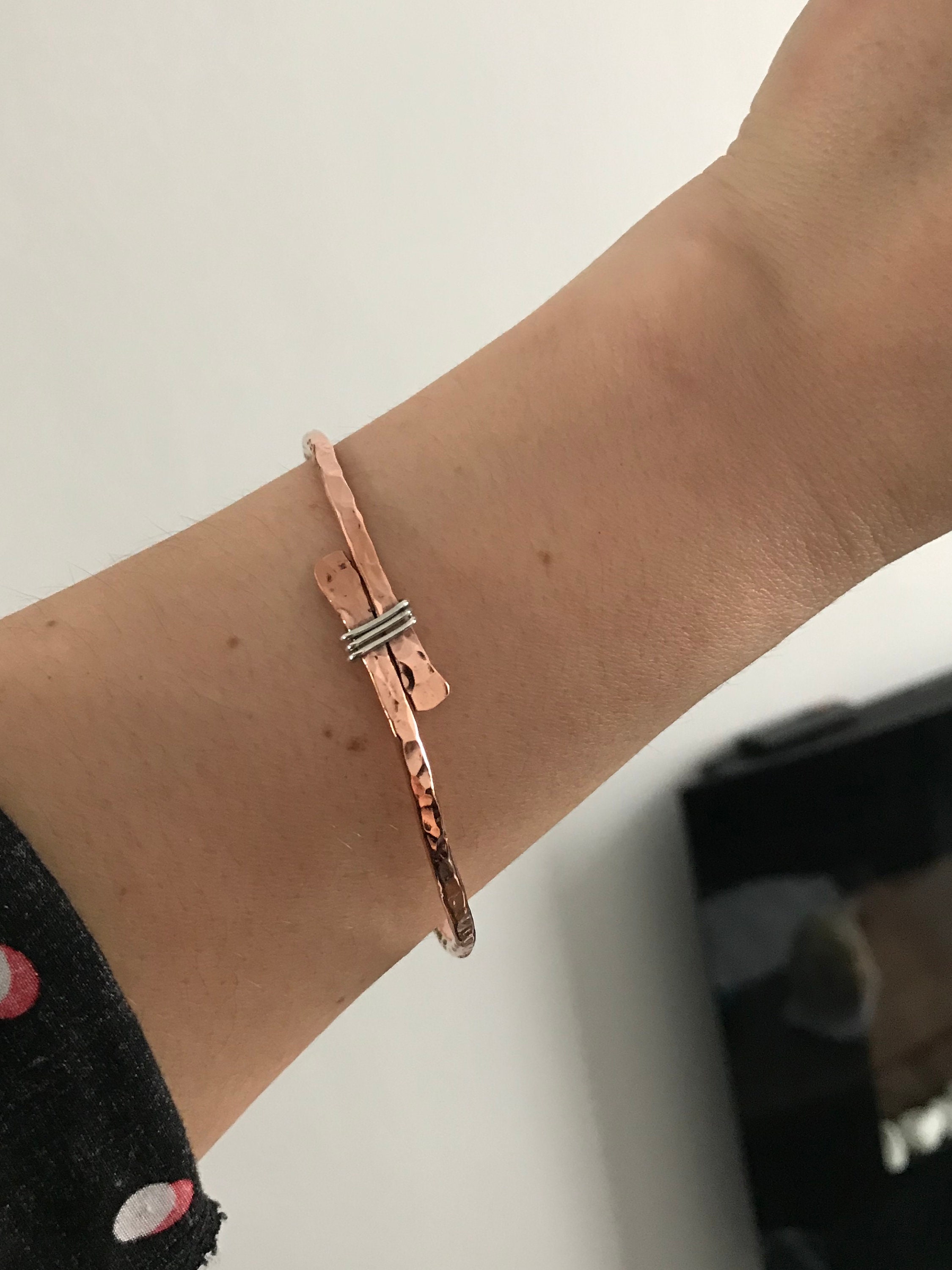 Skinny Copper Bangle With Sterling Silver Knot Hammered Copper | Etsy