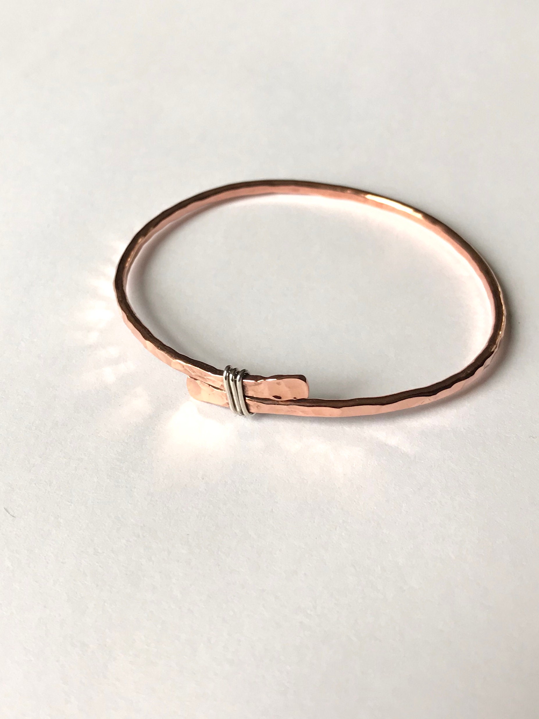 Skinny Copper Bangle With Sterling Silver Knot Hammered Copper | Etsy