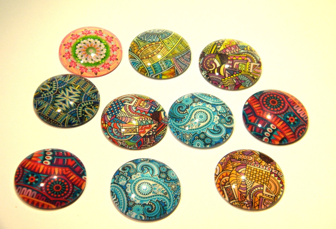 10 Cabochons 25 Mm Curved Glass Round Cabochon Printed Image Geometric ...