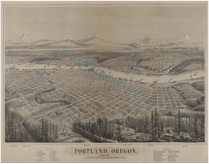 Portland Oregon 1880 Bird's Eye View Map | Fine Art Print - Etsy