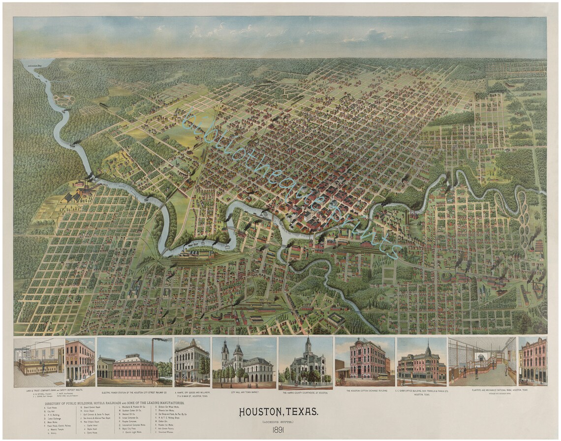 Houston Texas 1891 Bird's Eye View Map Fine Art Print - Etsy