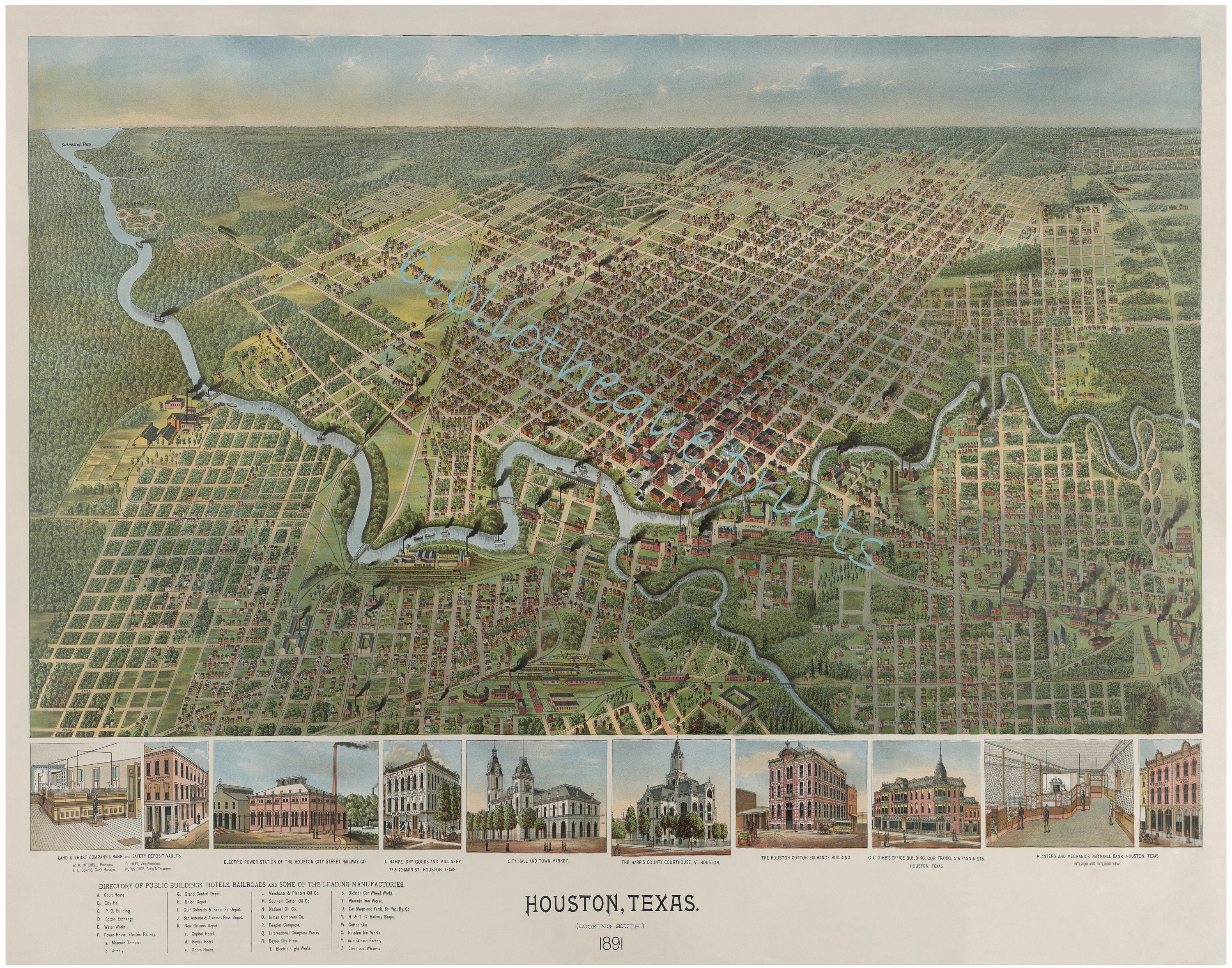 Houston Texas 1891 Bird's Eye View Map | Fine Art Print - Etsy