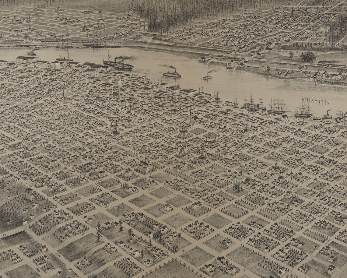 Portland Oregon 1880 Bird's Eye View Map | Fine Art Print - Etsy