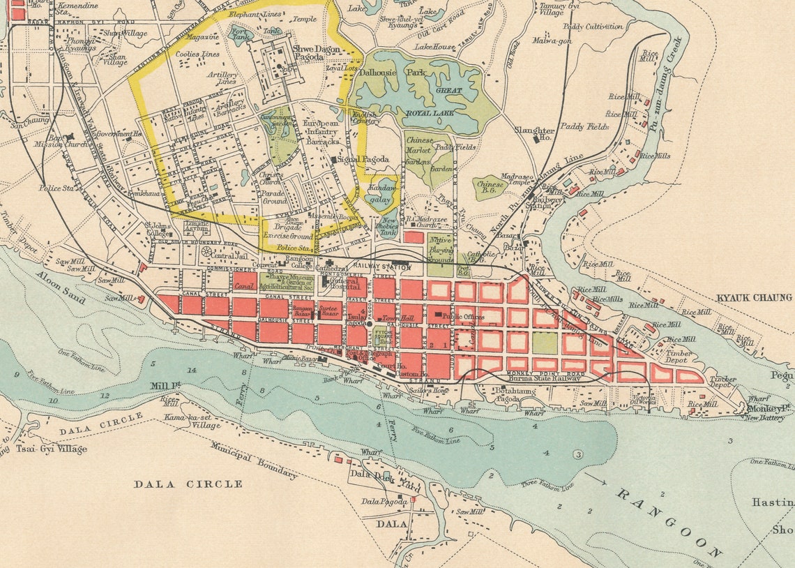 Yangon Myanmar 1909 Map Fine Art Print | Etsy