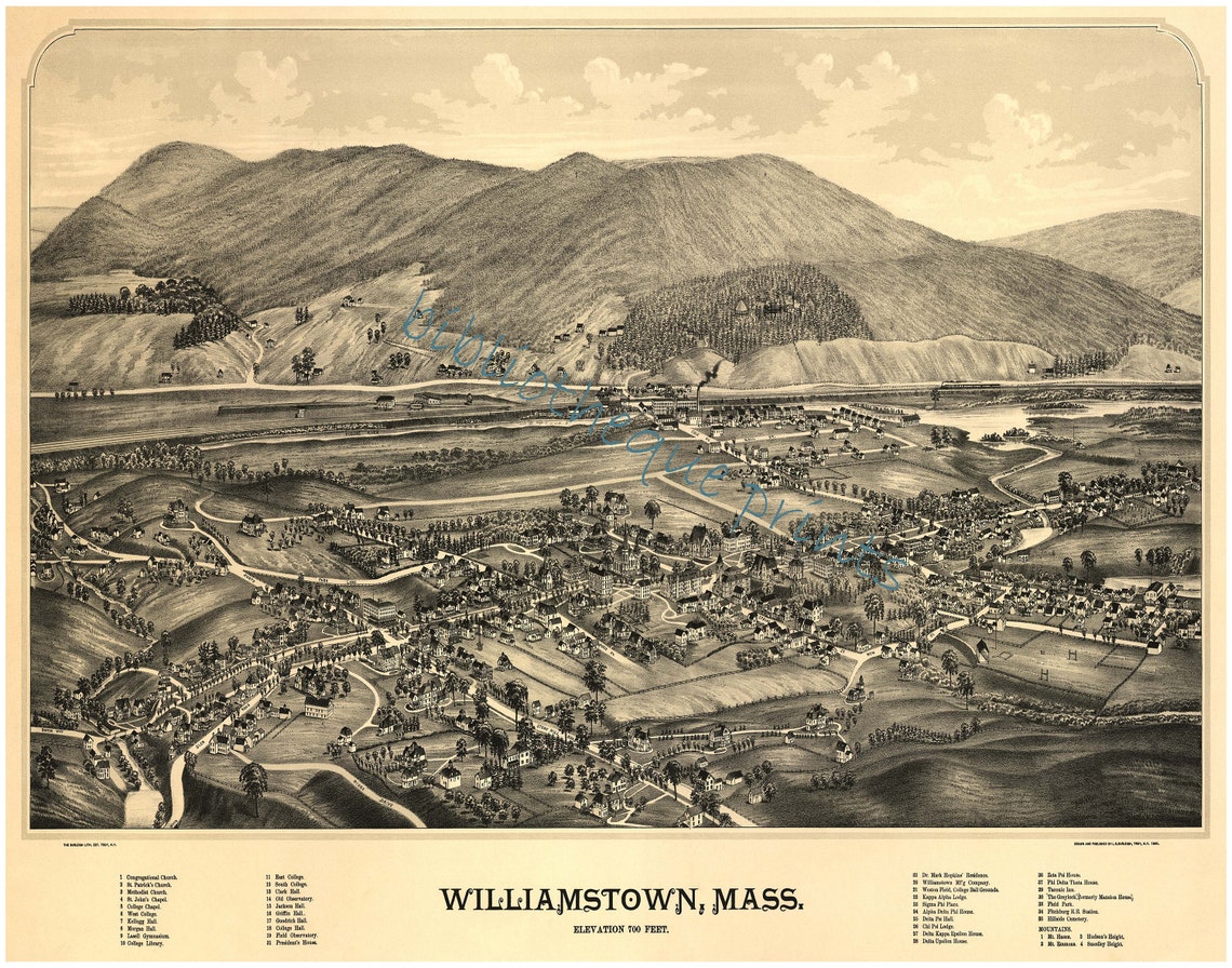 Williamstown Massachusetts 1889 Bird's Eye View Map Fine | Etsy