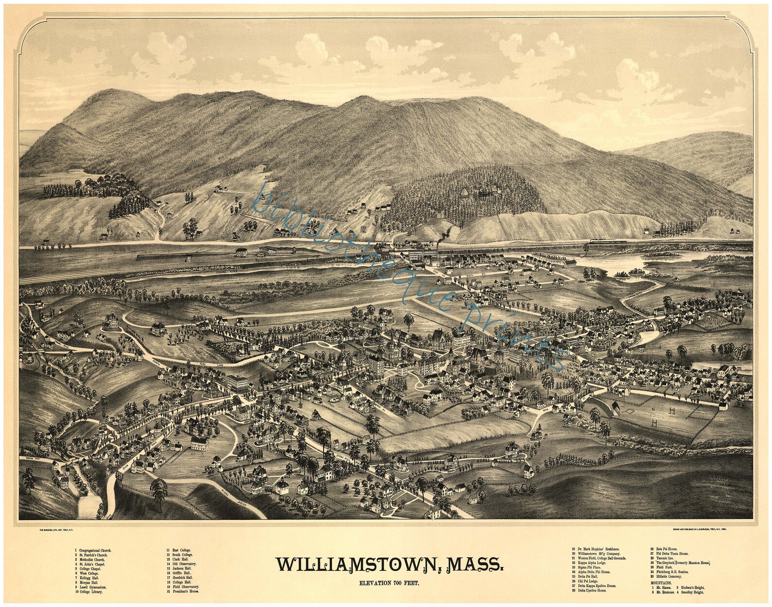 Williamstown Massachusetts 1889 Bird's Eye View Map Fine | Etsy