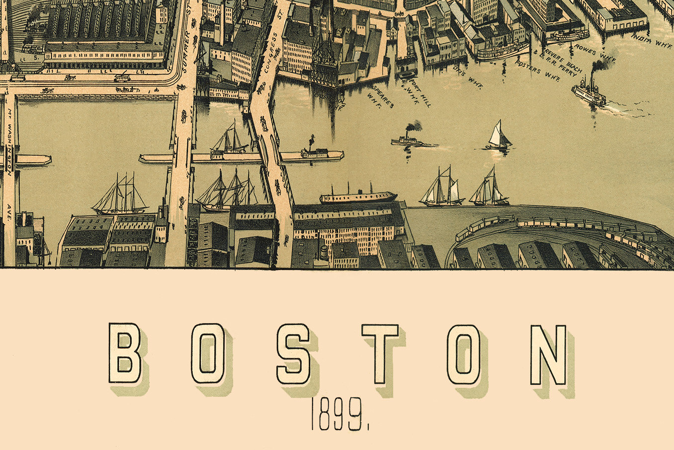 Boston Massachusetts 1899 Bird's Eye View Map | Fine Art Print - Etsy