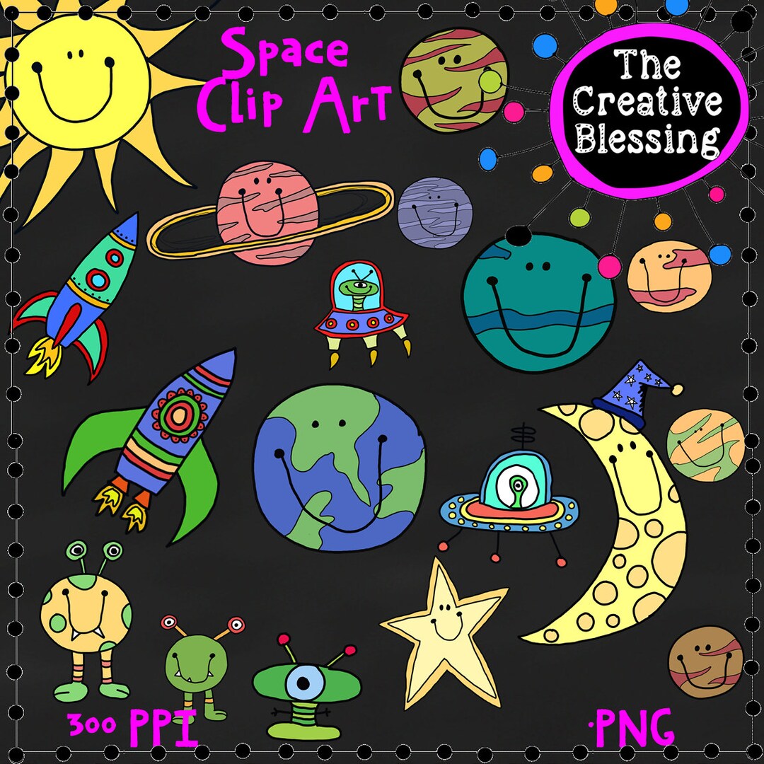 Space, Planets, Spaceship, Alien Hand Drawn Doodle Clip Art, Moveable ...