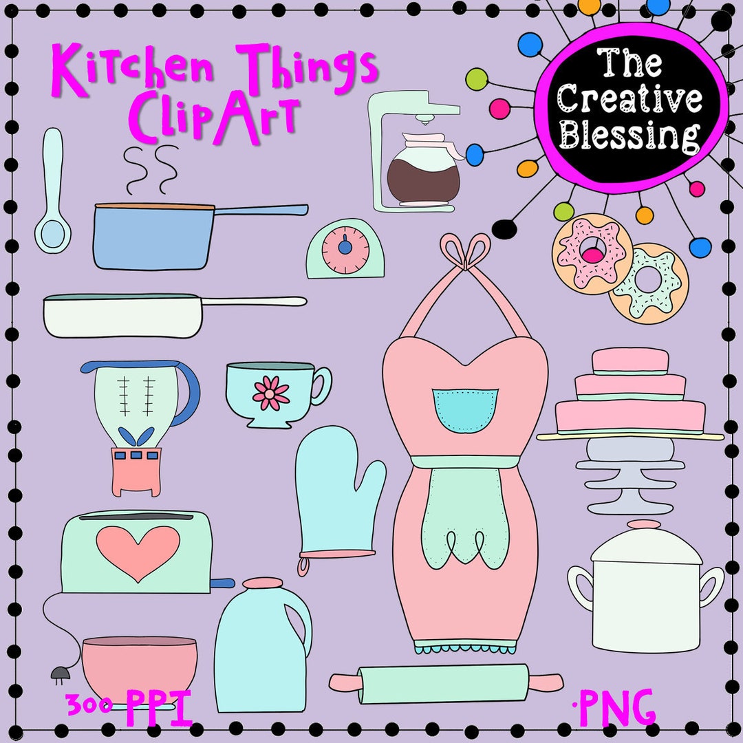 Hand Drawn Kitchen Clip Art, Mittens, Blender, Toaster Clipart Digital ...