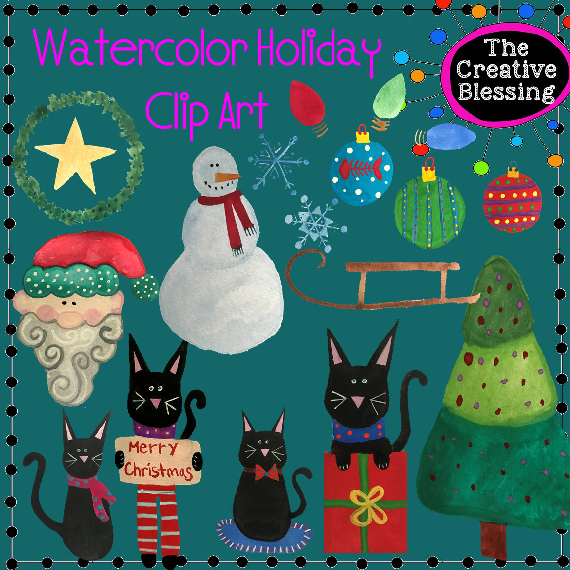 Cute Watercolor Christmas Clip Art, Holiday Clipart, Cat Graphics ...