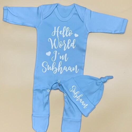 Personalised Hello World Baby Boy Sleepsuit and Hat Set Blue - Etsy