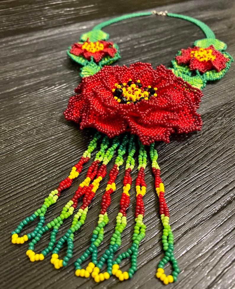 Huichol art style beadwork flower girl necklace blossom | Etsy
