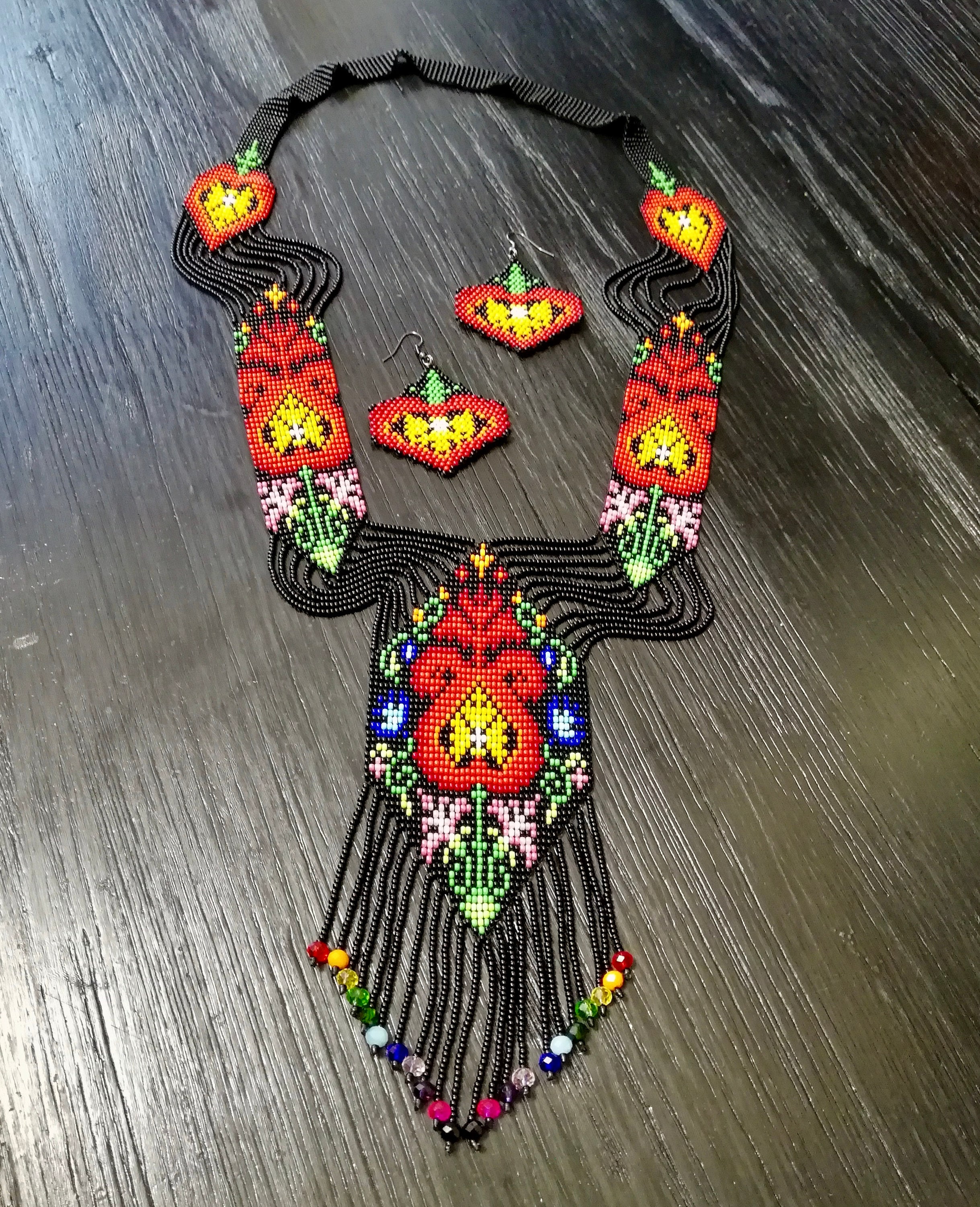 Huichol Beaded Jewelry Set: Folk Art Necklace and Earrings - Etsy