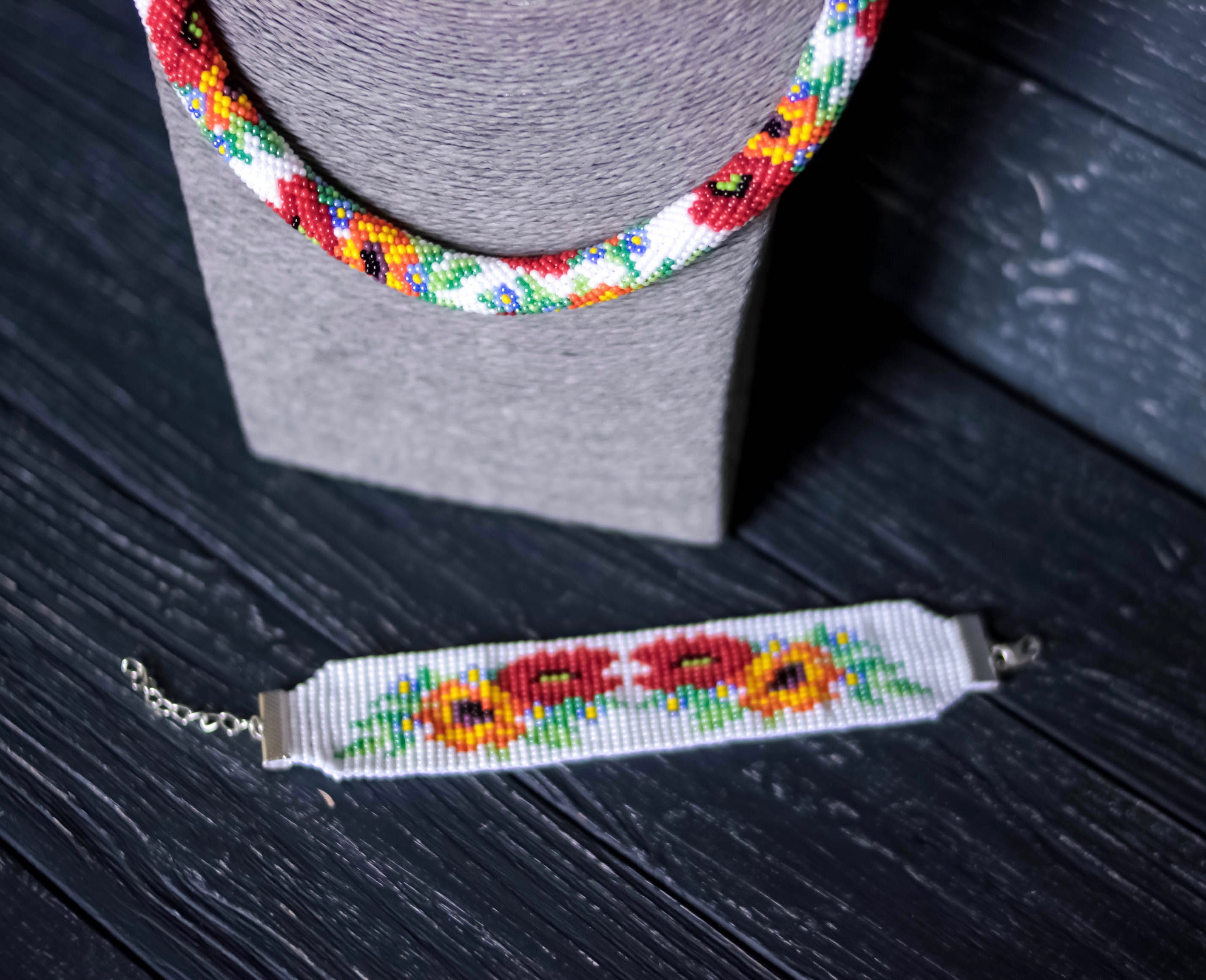 Red Poppy and Sunflower Beadwork Art Jewelry Set Necklace and Bracelet ...