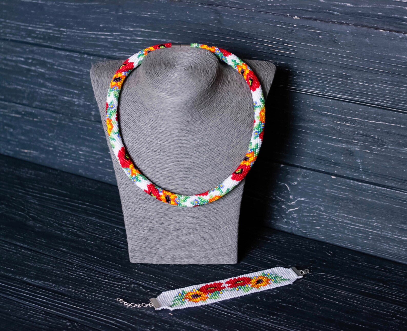 Red Poppy and Sunflower Beadwork Art Jewelry Set Necklace and Bracelet ...