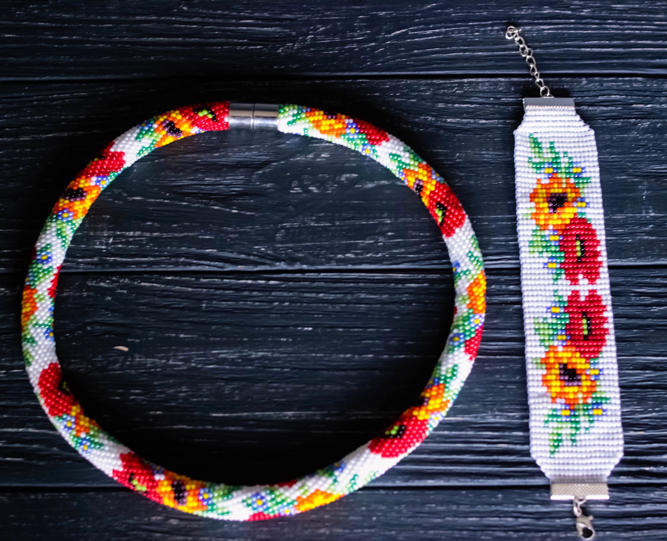 Red Poppy and Sunflower Beadwork Art Jewelry Set Necklace and Bracelet ...