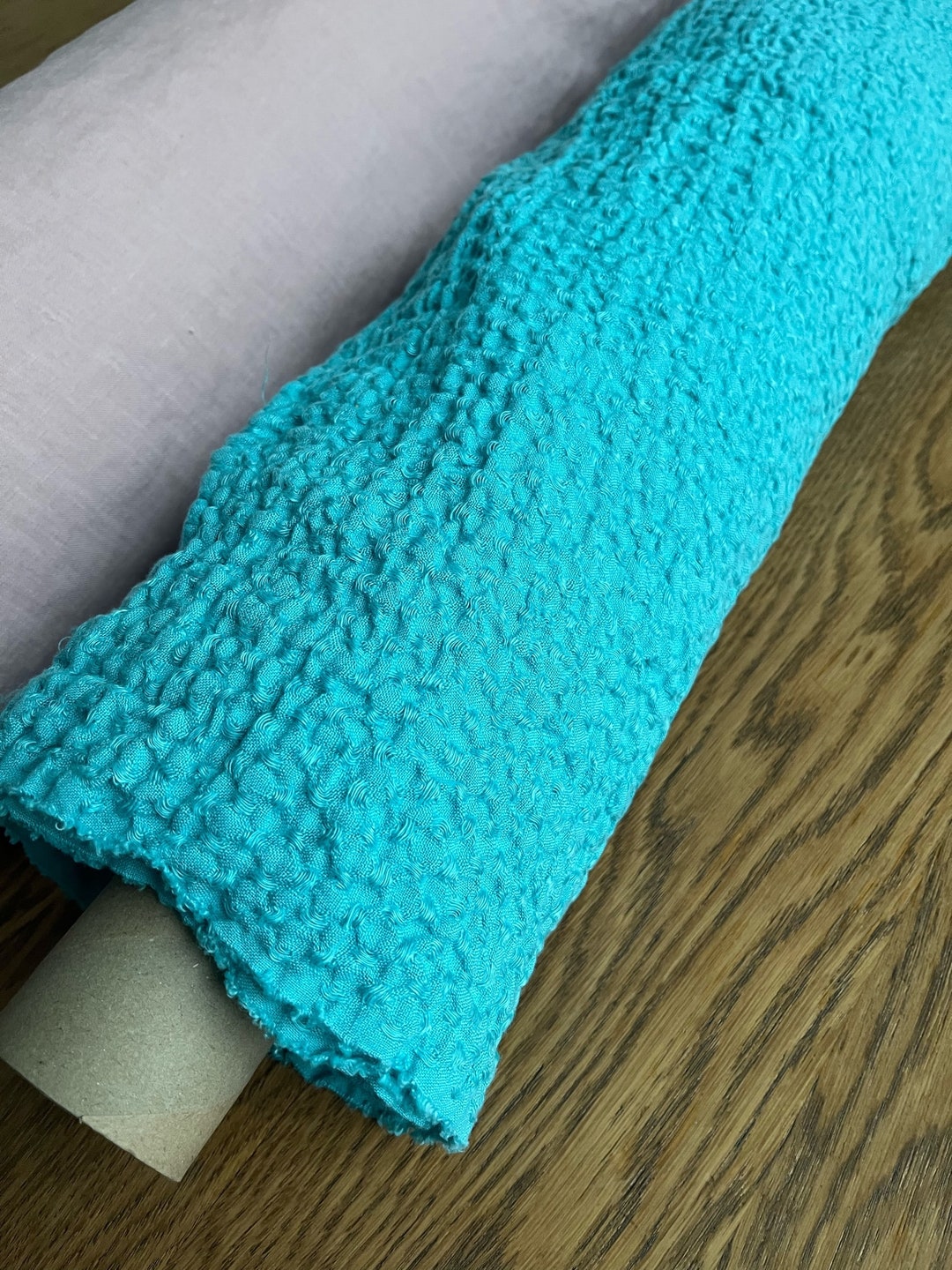 55" WIDE Fabric, Waffle Natural 100 % Linen Fabric BGO137WK Ocean Blue ...