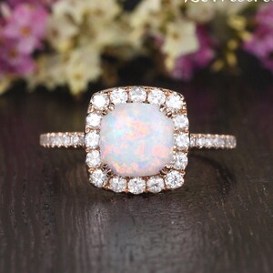 Unique Opal Engagement Ring Square Cushion Lab Opal Ring White Opal ...