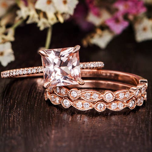 Unique Morganite Engagement Ring Set Rose Gold Bridal Set - Etsy