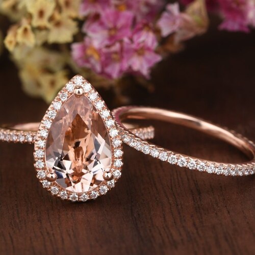 Pear Shaped Morganite Engagement Ring Set Rose Gold Natural - Etsy