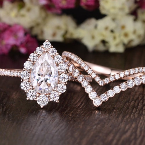 Pear Shaped Morganite Engagement Ring 2pcs Art Deco Rose Gold - Etsy