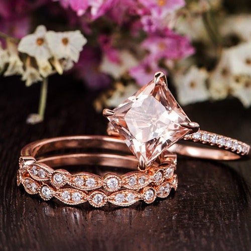Unique Morganite Ring Rose Gold Art Deco Wedding Band Women - Etsy