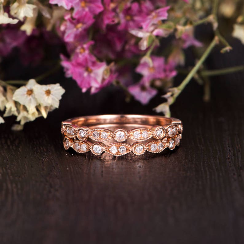 Rose Gold Wedding Band Set Women Diamond Antique Stacking | Etsy