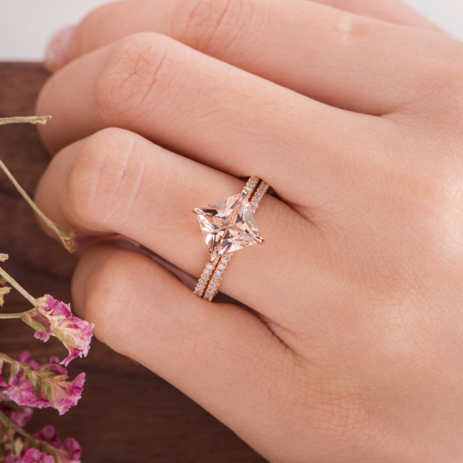 Unique Morganite Engagement Ring Set Rose Gold Bridal Set Princess Cut ...