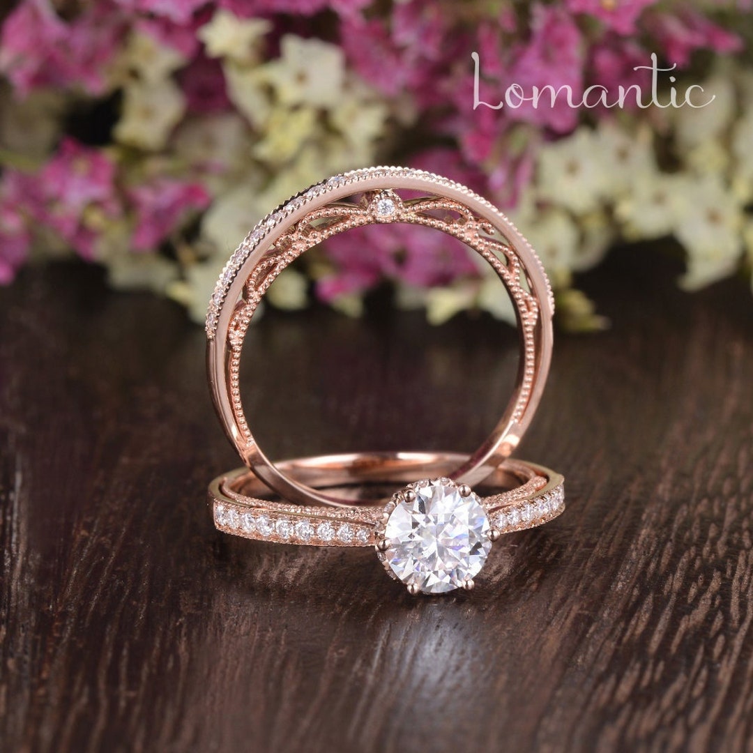 Art Deco 1CT Moissanite Engagement Ring Set Filigree Bridal Set Vintage ...