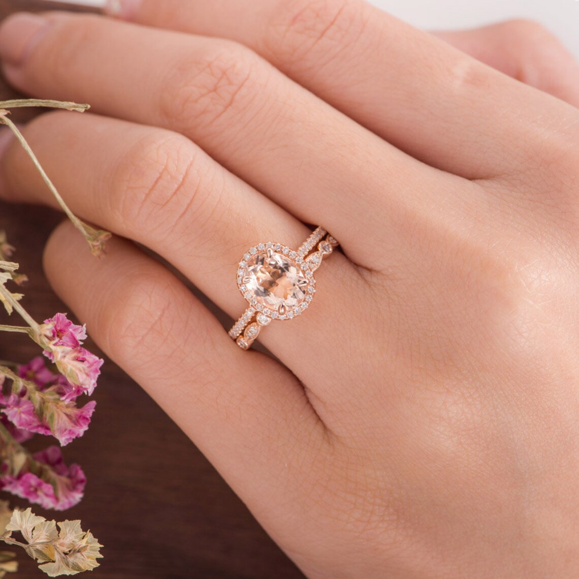 Morganite Bridal Set Art Deco Wedding Band Women Rose Gold - Etsy