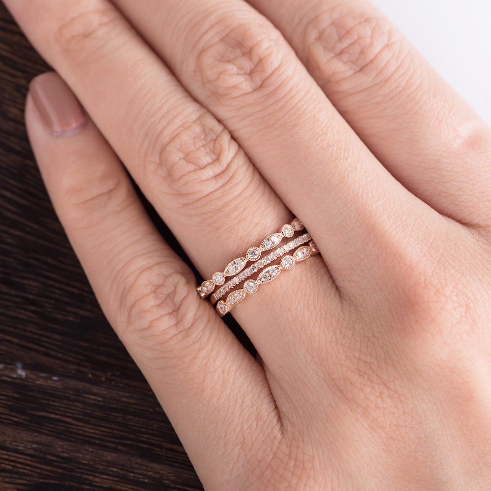 Rose Gold Wedding Bands 3pcs Stacking Bands Set Women Diamond | Etsy