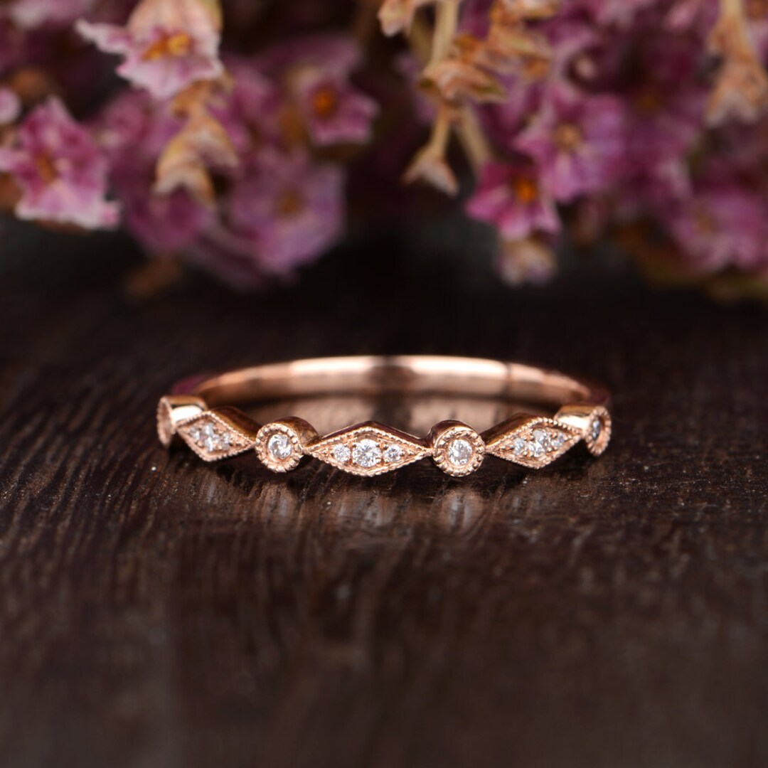 Unique Art Deco Wedding Band Women Rose Gold Antique Stacking Band ...