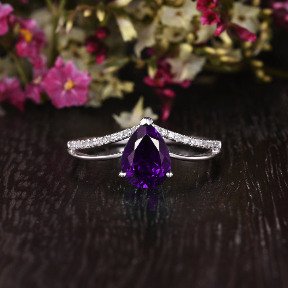Pear Shaped Amethyst Ring Antique Engagement Ring White Gold Unique ...