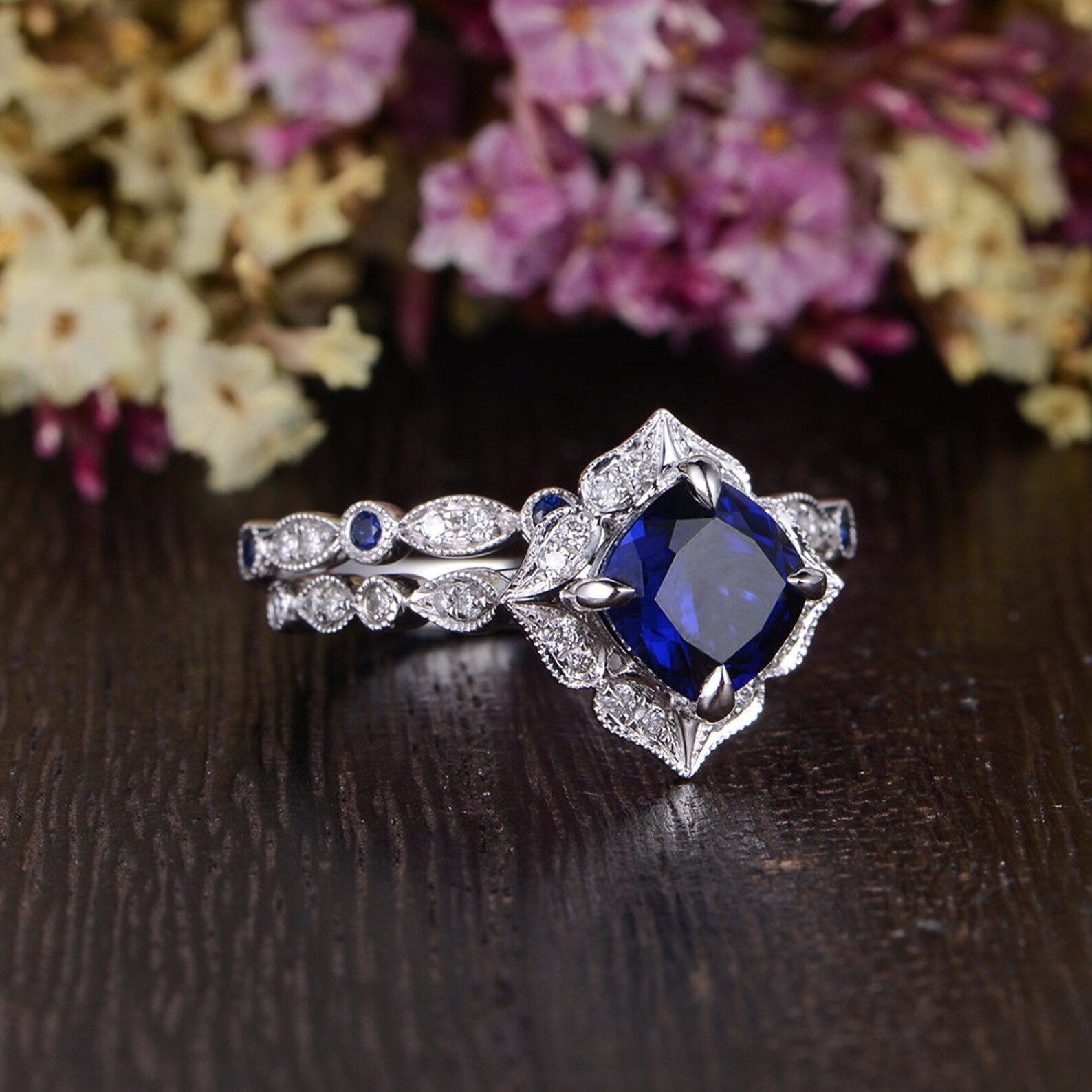 Art Deco Bridal Set White Gold Engagement Ring Cushion Cut Lab Sapphire ...