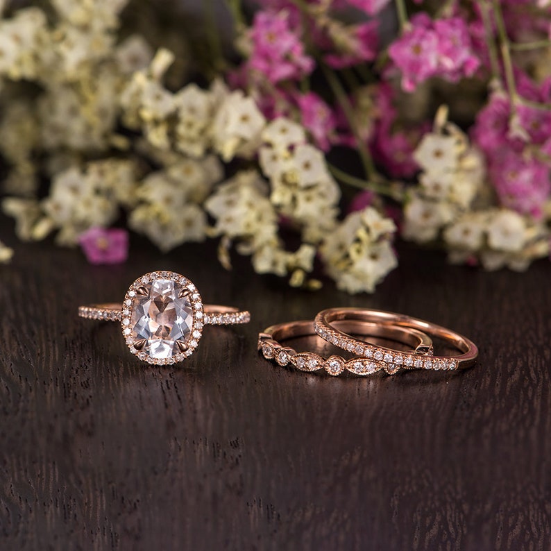 Rose Gold Engagement Ring Set 3pcs White Topaz Ring Bridal | Etsy