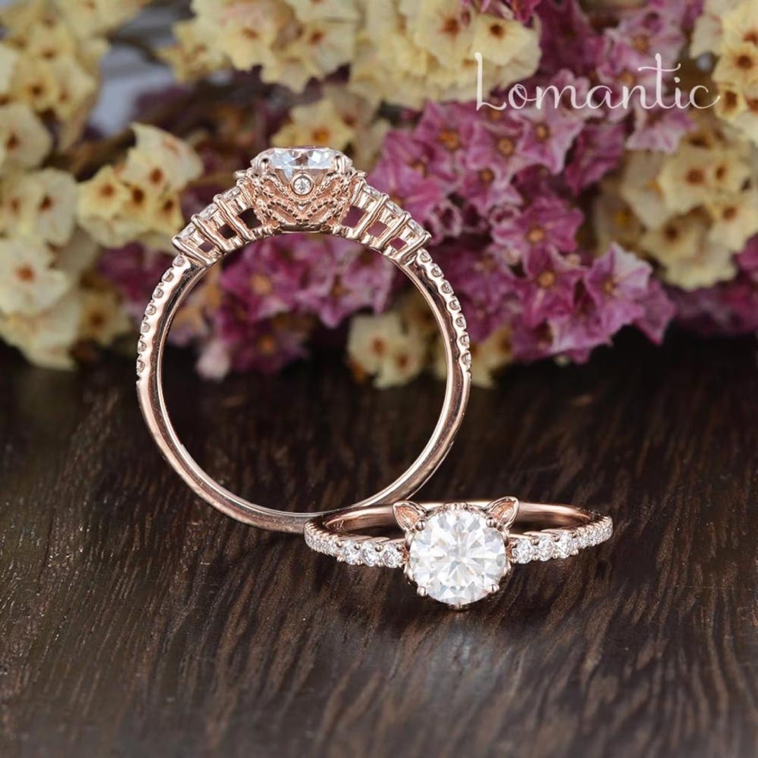 Cute Cat Engagement Ring Antique Peekaboo Rose Gold Ring Diamond ...