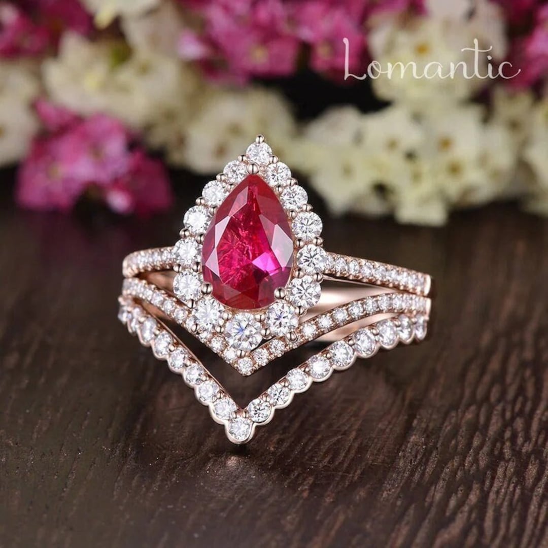 Vintage Ruby Engagement Ring Set Curved Double Wedding Band Women ...