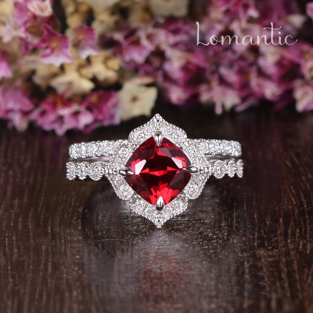 3ct Cushion Cut Ruby Engagement Ring Set Art Deco Half Eternity Wedding ...