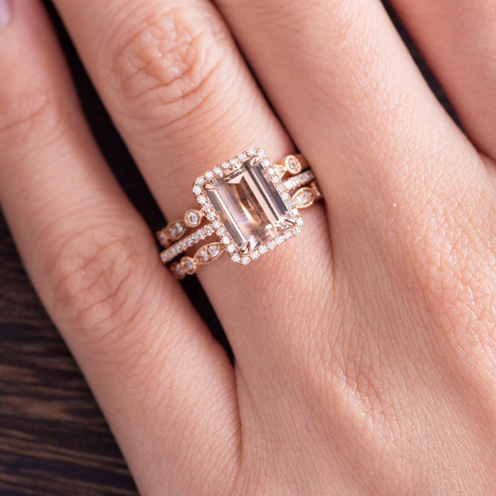 Morganite Engagement Ring Set Art Deco Wedding Band Ring Emerald Cut ...