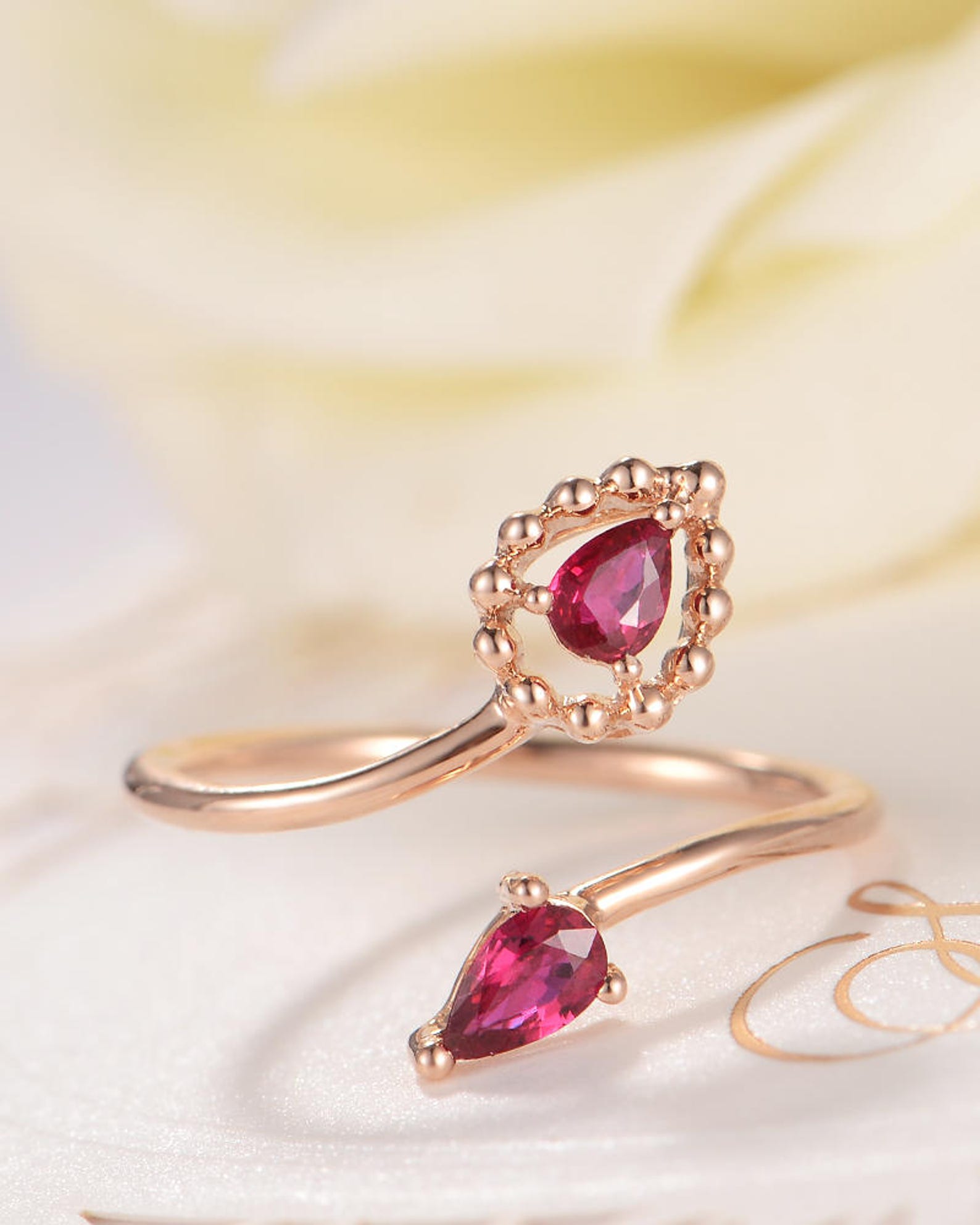 Ruby Ring Rose Gold Open Ring Antique Retro Birthstone Pear Shaped Cut ...