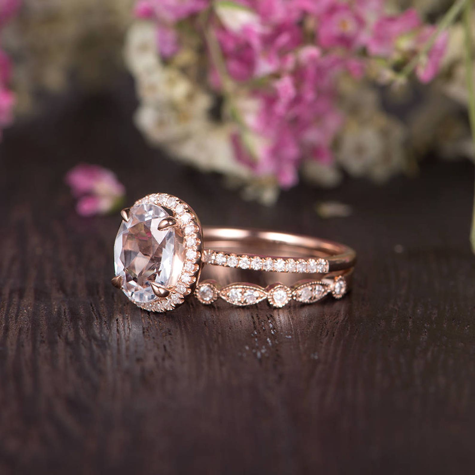 Rose Gold Engagement Ring Set Birthstone Oval Cut White Topaz - Etsy